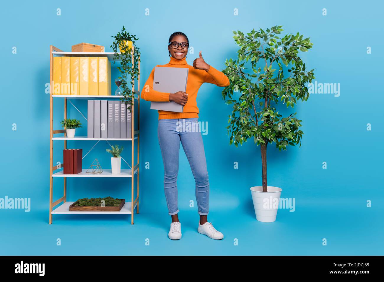 Full length body size view of attractive cheery girl expert employee ...