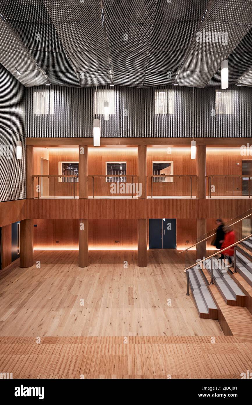 Main atrium with wood panelling and metal mesh panel ceiling and walls ...