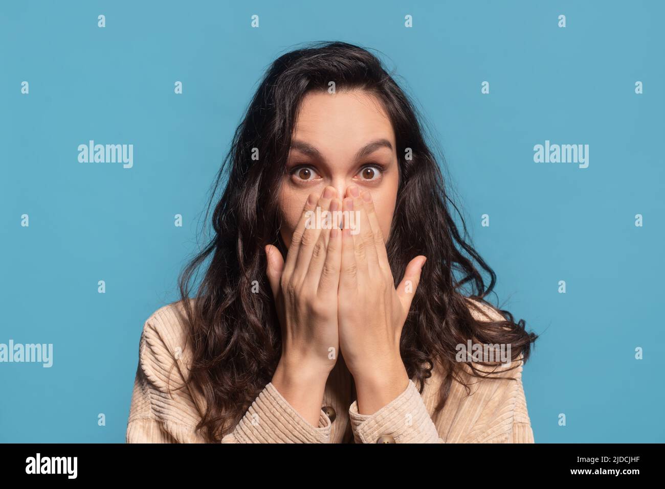 Shocked millennial caucasian lady brunette student in casual with wide ...