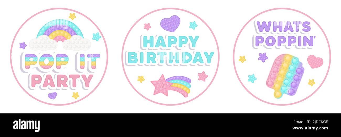 Set of three Birthday favor tags popi it fidget toy vector design with ...