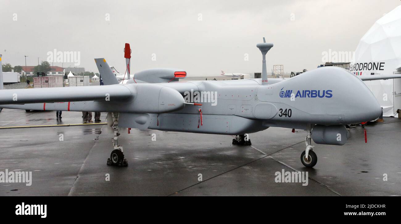 20 June 2022, Brandenburg, Schönefeld: An Israeli Heron drone is on ...