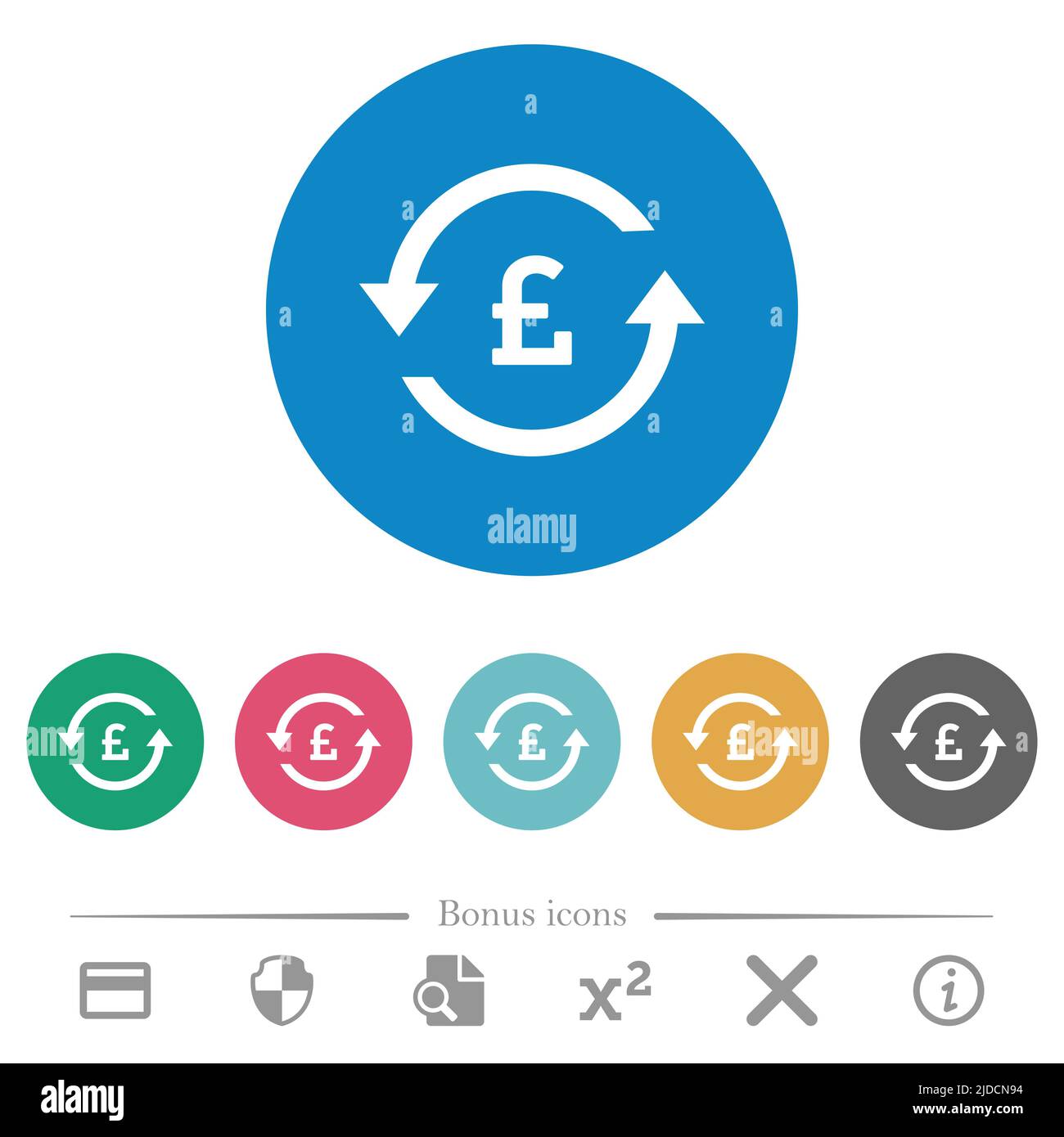 Pound pay back flat white icons on round color backgrounds. 6 bonus ...