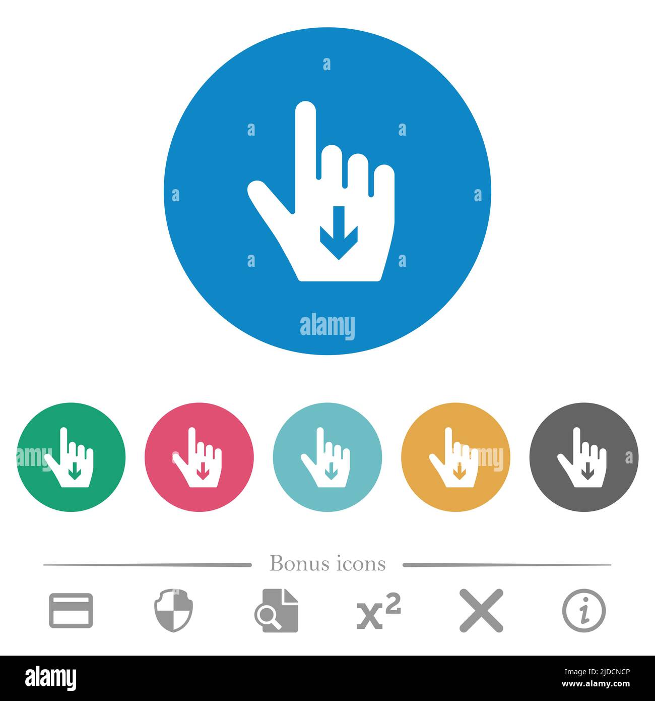 Hand cursor down solid flat white icons on round color backgrounds. 6 ...