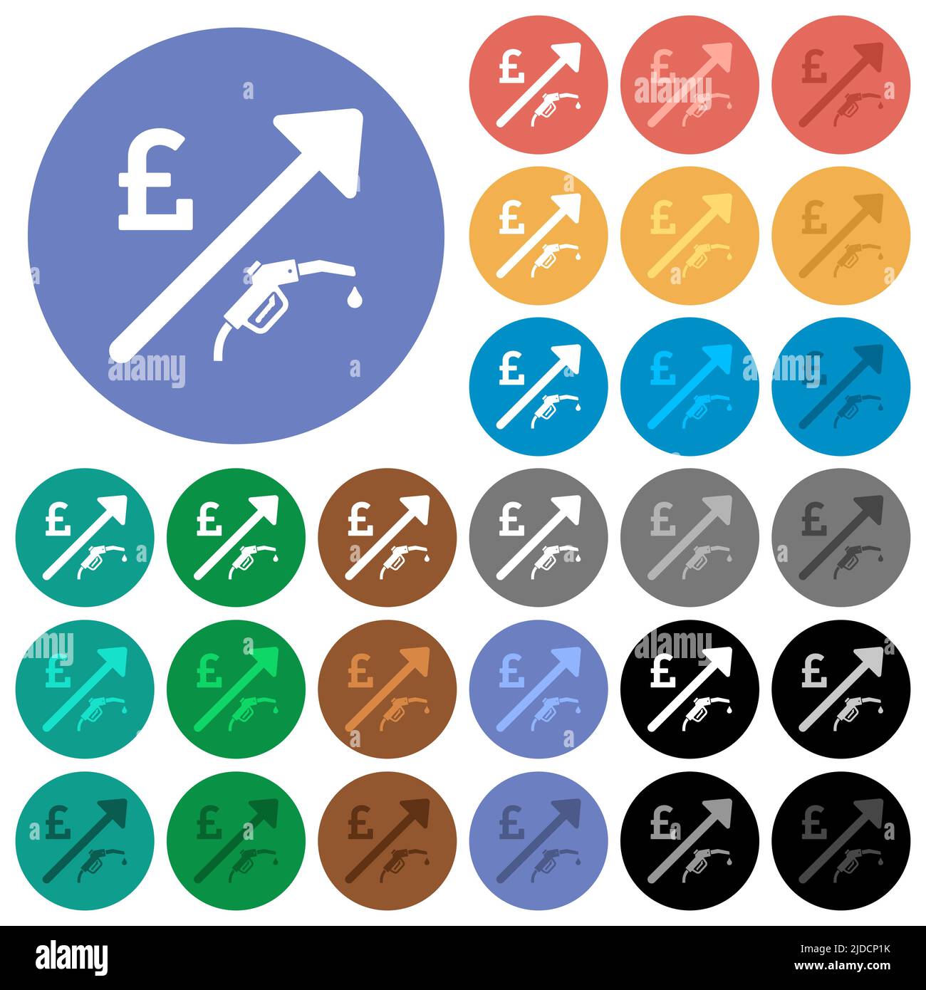 Rising fuel english Pound prices multi colored flat icons on round ...
