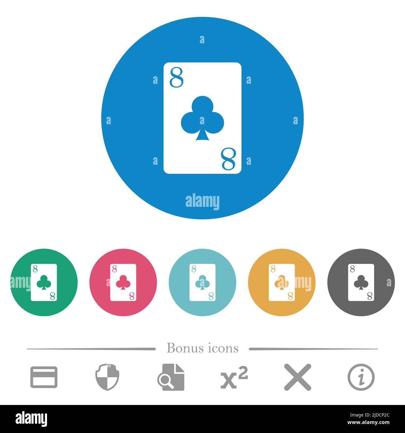 Eight of clubs card flat white icons on round color backgrounds. 6 ...