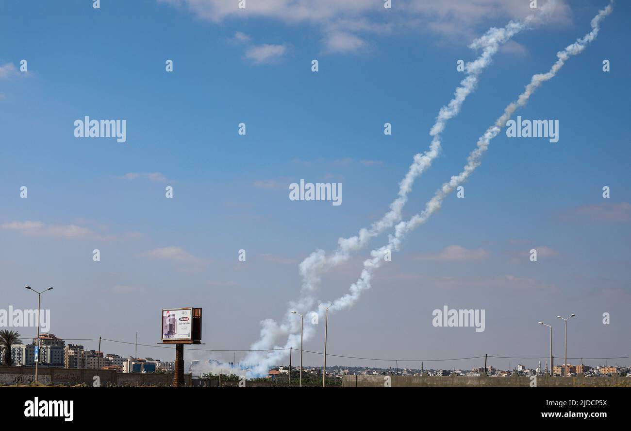 Gaza, Palestine. 20th June, 2022. Rockets seen in the sky fired toward ...