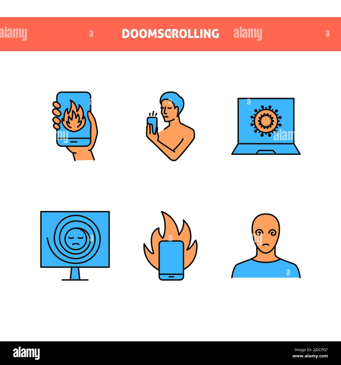 Bad news icon set in colored line style. Doomscrolling, doom surfing ...