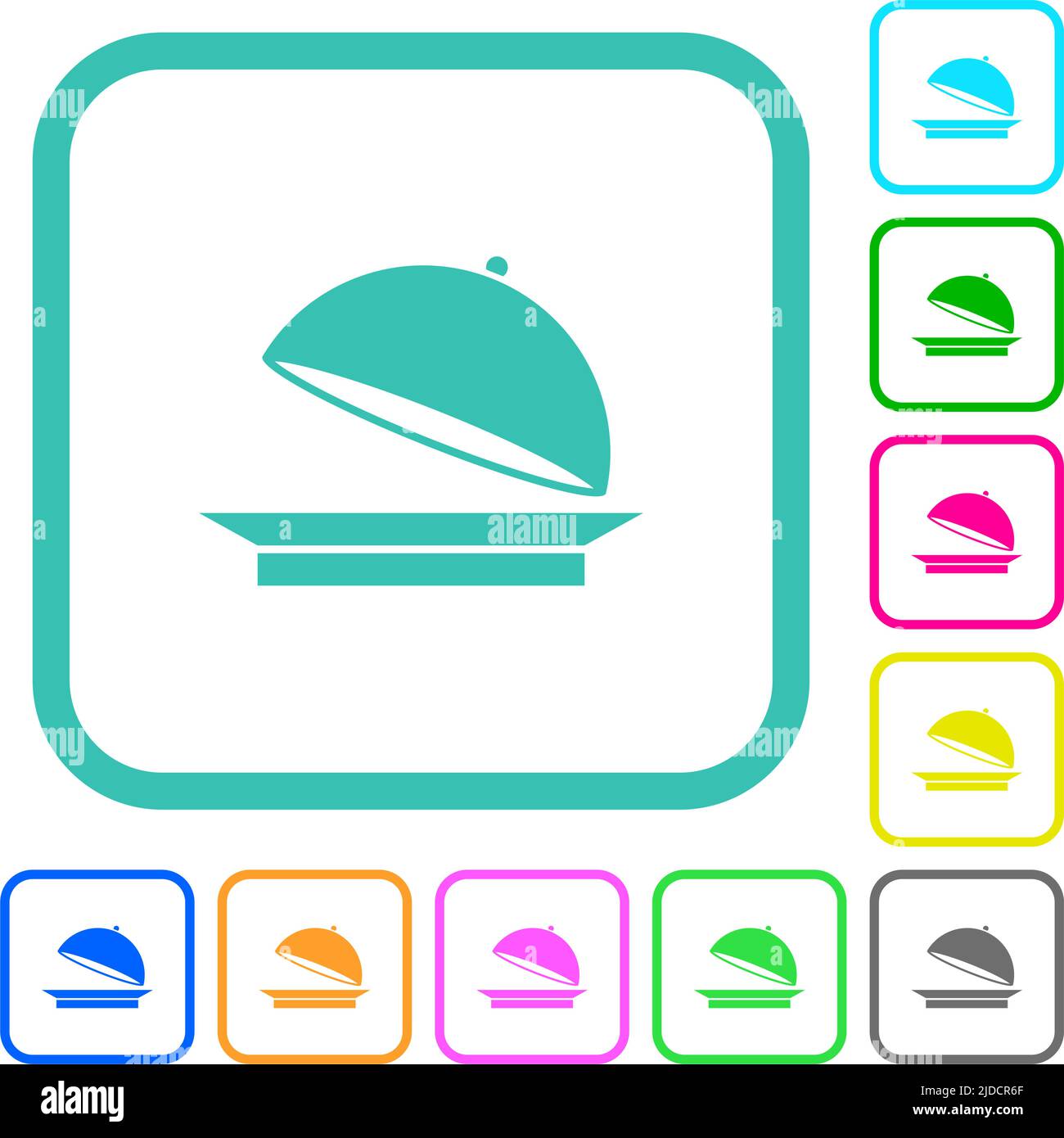 Open food tray vivid colored flat icons in curved borders on white ...