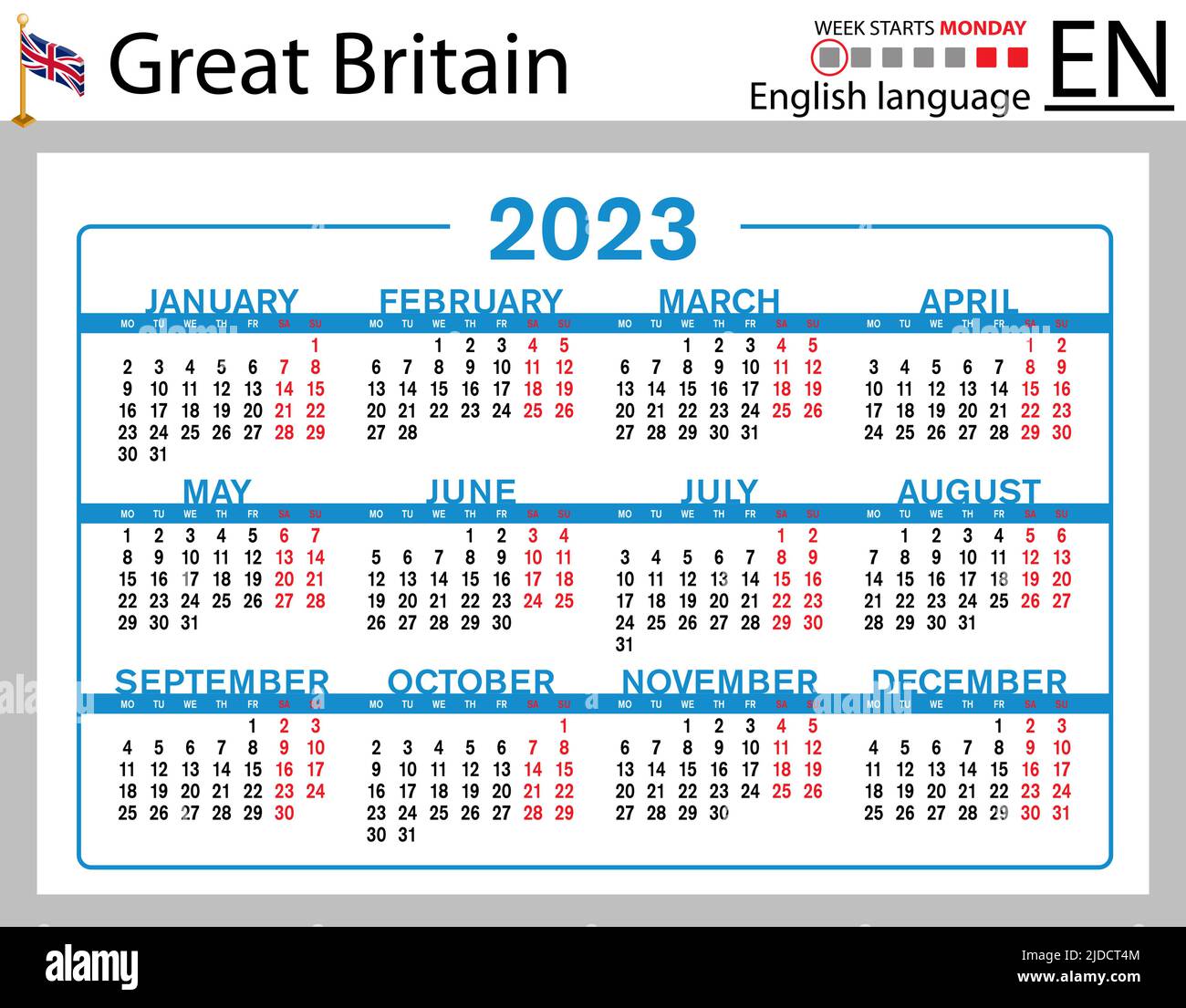 English horizontal pocket calendar for 2023 (two thousand twenty three ...