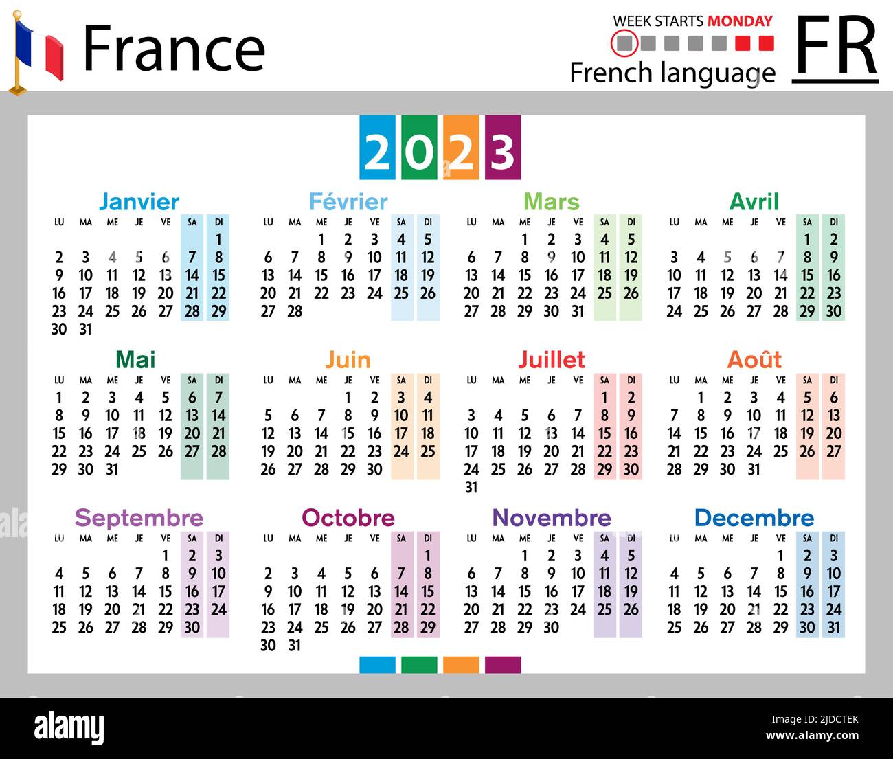 French horizontal pocket calendar for 2023 (two thousand twenty three ...
