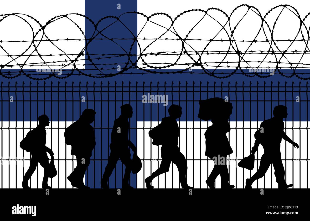 Flag of Finland - Refugees near barbed wire fence. Migrants migrates to ...