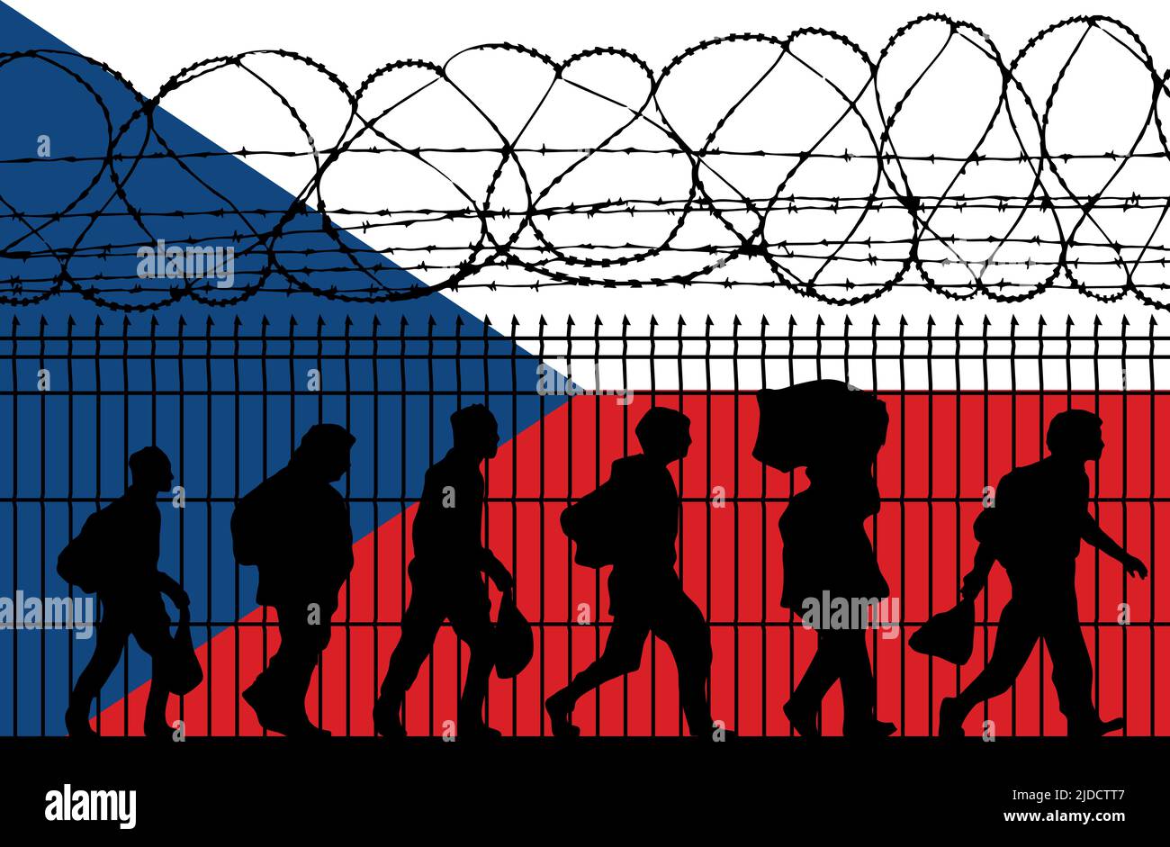 Flag of Czech Republic - Refugees near barbed wire fence. Migrants ...