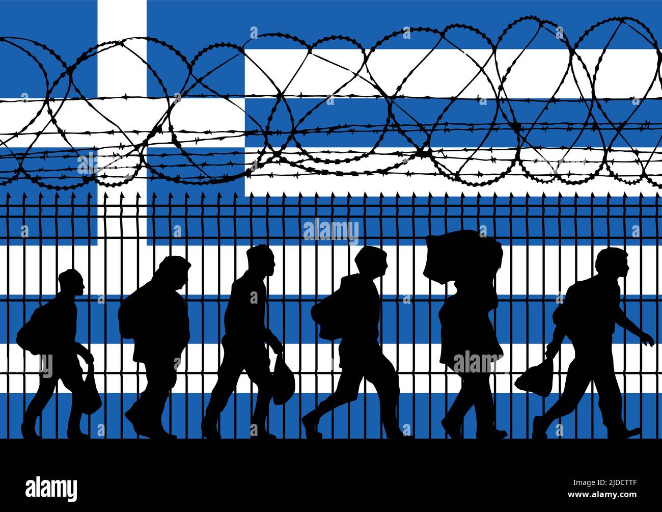 Flag of Greece - Refugees near barbed wire fence. Migrants migrates to ...