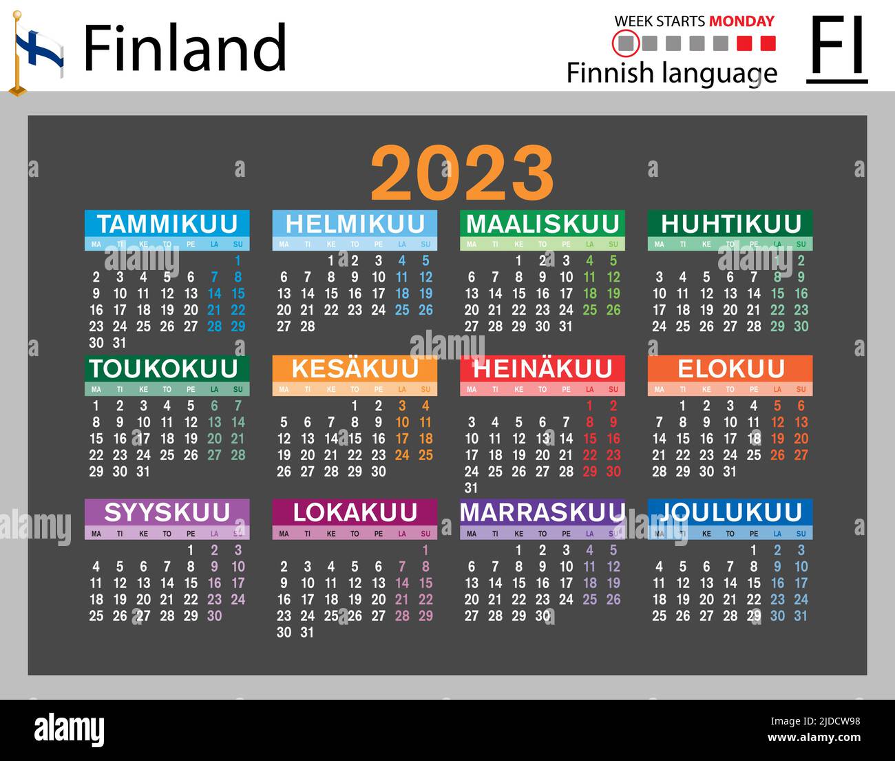 Finnish horizontal pocket calendar for 2023 (two thousand twenty three ...