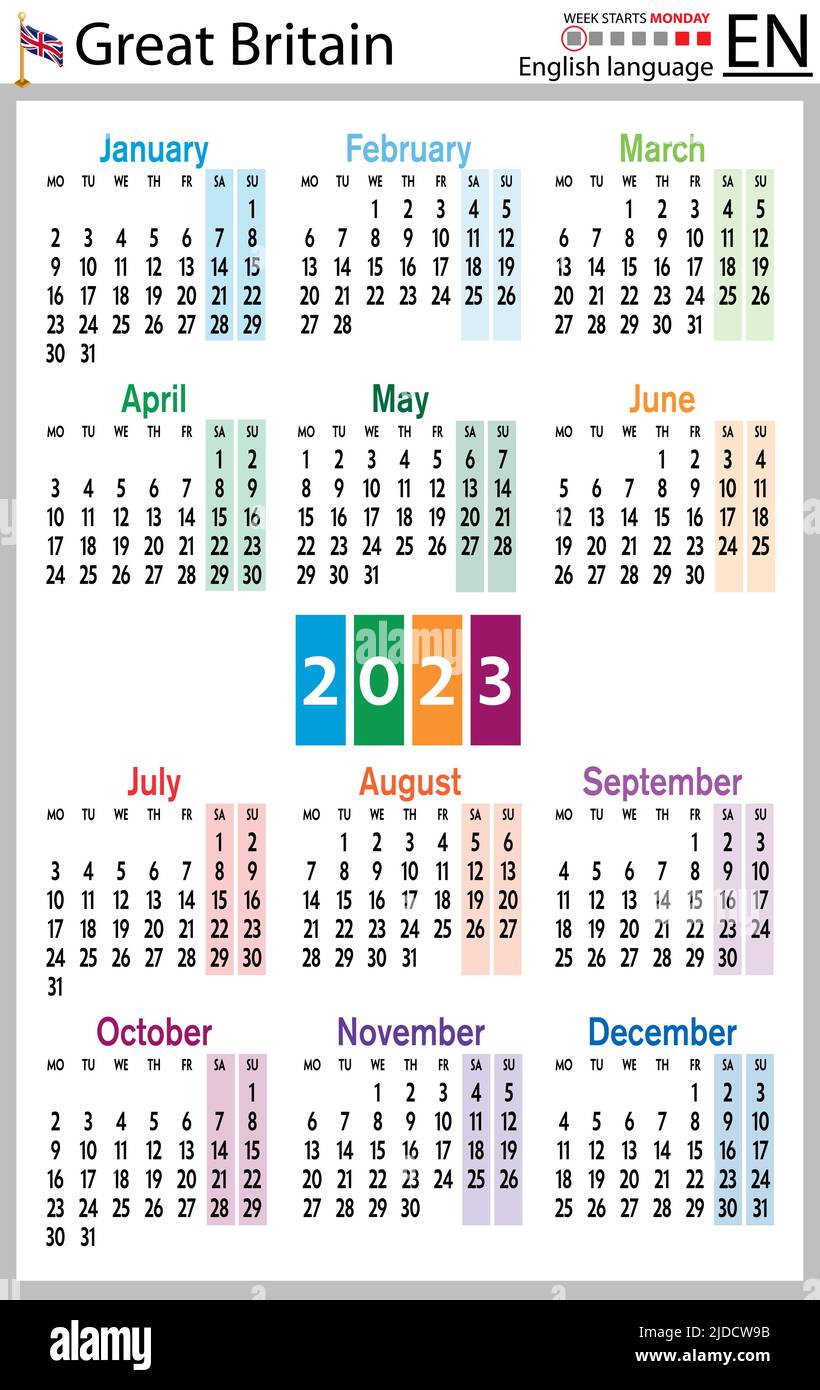 English vertical pocket calendar for 2023 (two thousand twenty three ...