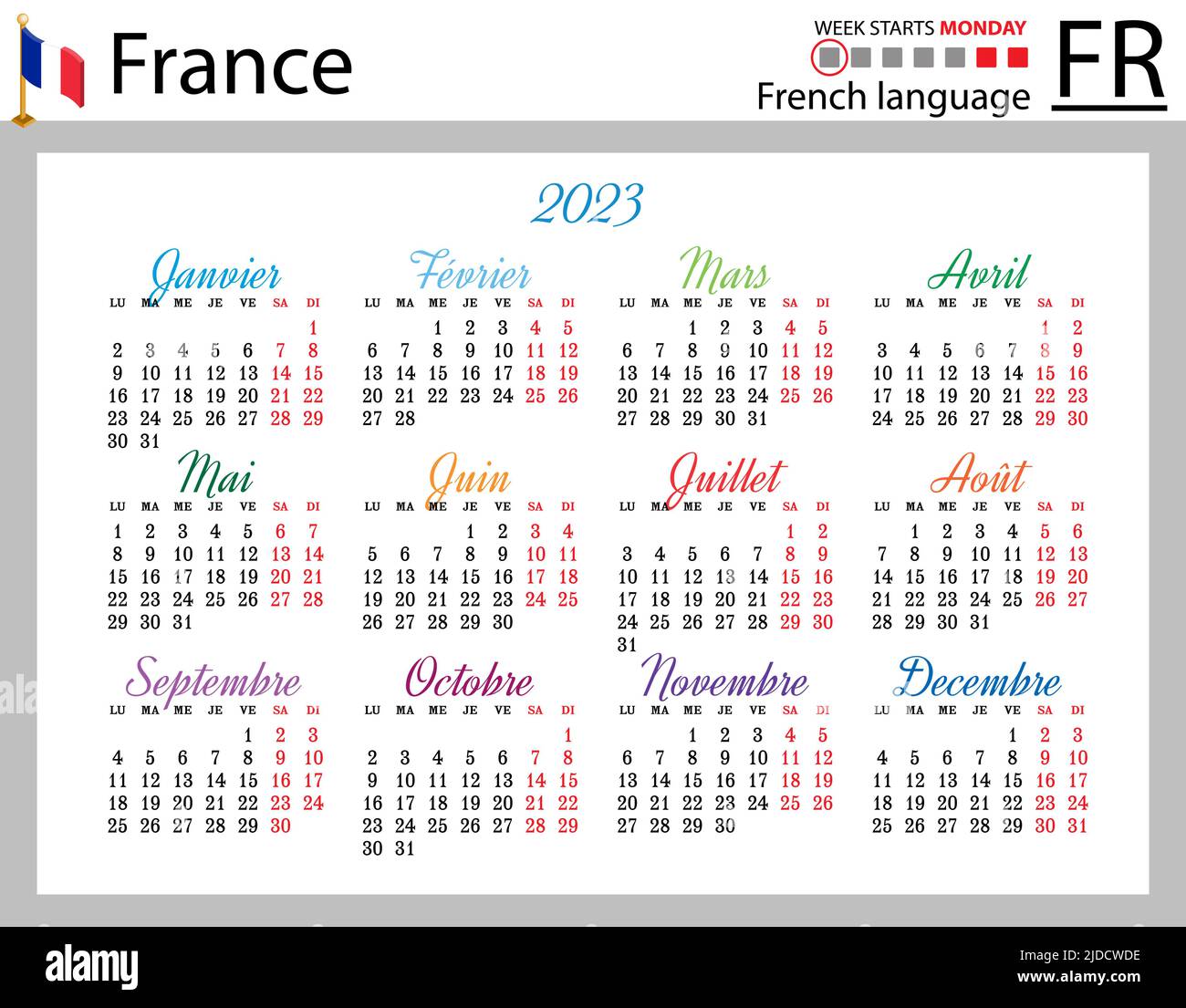 French horizontal pocket calendar for 2023 (two thousand twenty three ...