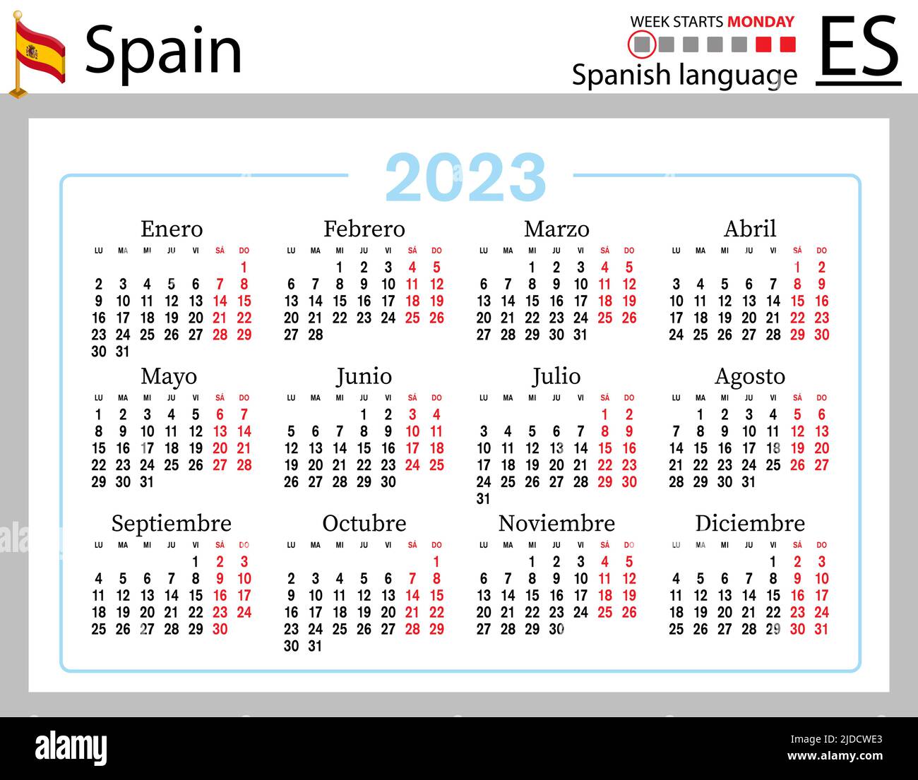 Spanish horizontal pocket calendar for 2023 (two thousand twenty three ...