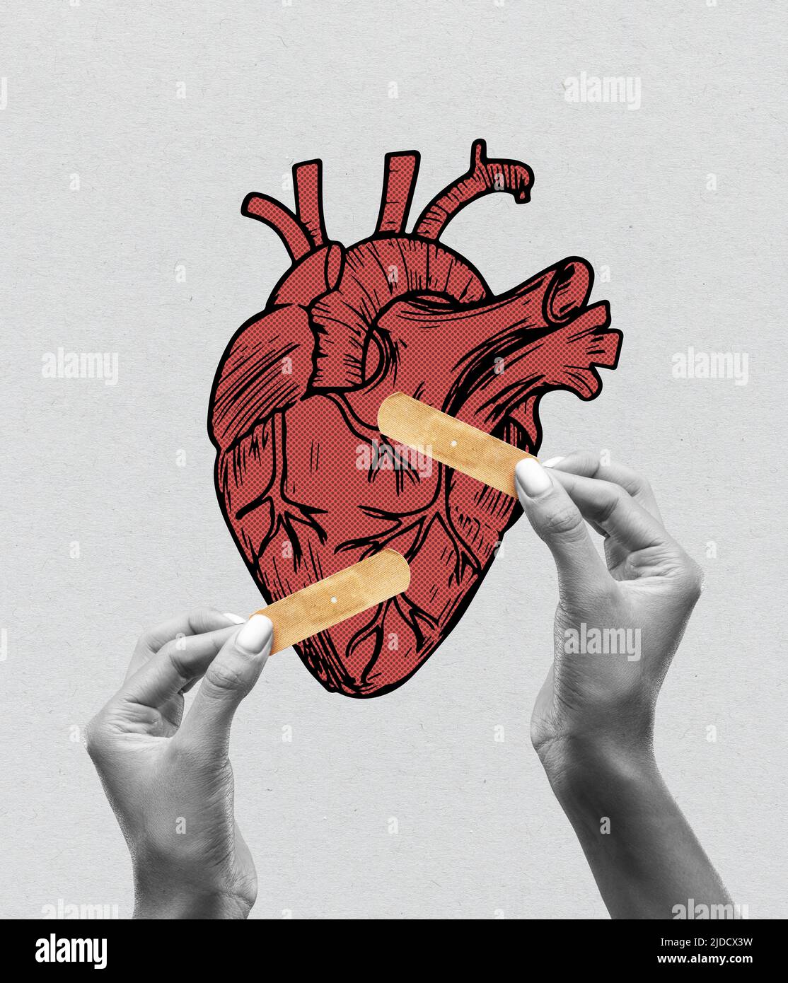 Contemporary art collage. Human hands and drawn red human heart over ...