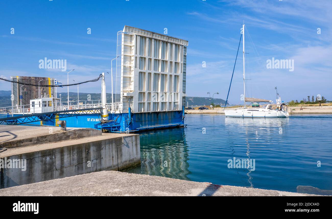Floating swing bridge connecting Lefkada island in Greece with the ...