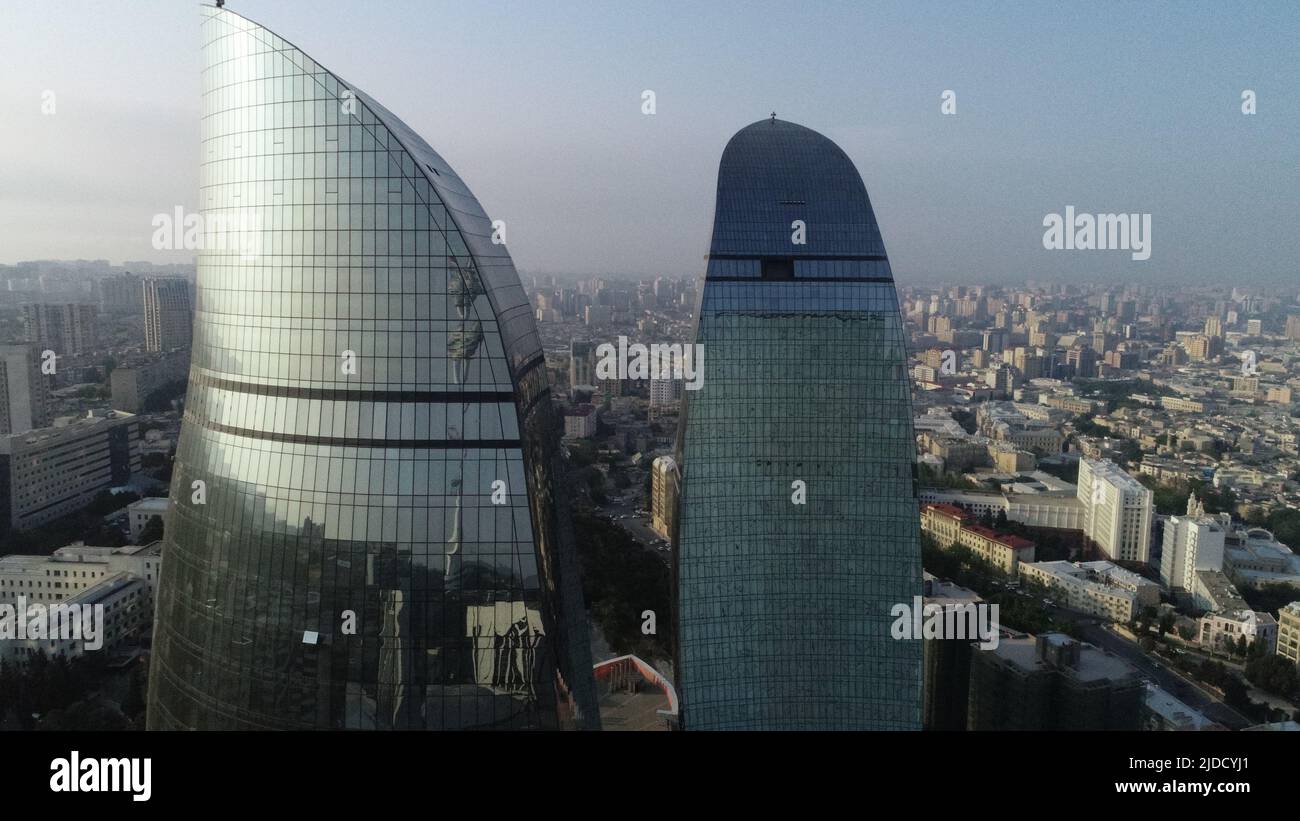 The City of Baku Flame Towers, skyline drone aerial top view ...