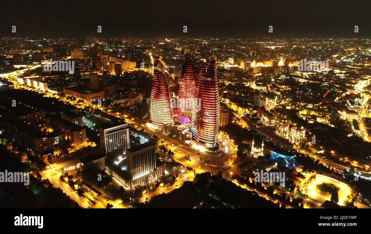 Night view of the City of Baku Flame Towers with colorful lights ...