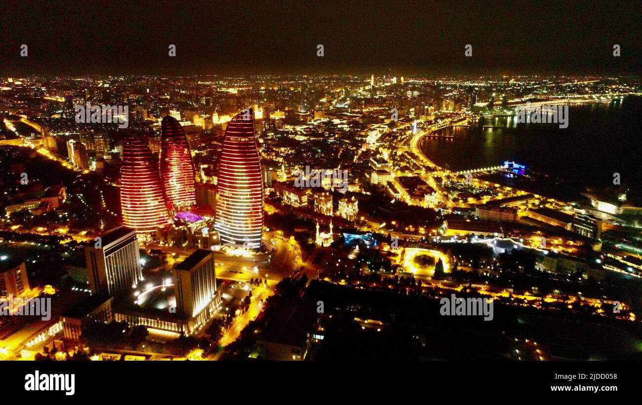 Night view of the City of Baku Flame Towers with colorful lights ...