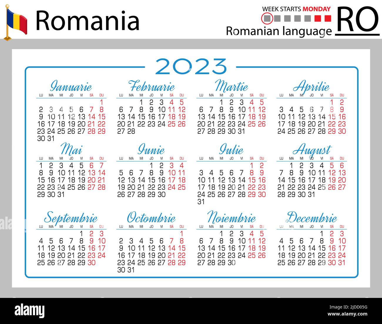Romanian horizontal pocket calendar for 2023 (two thousand twenty three ...