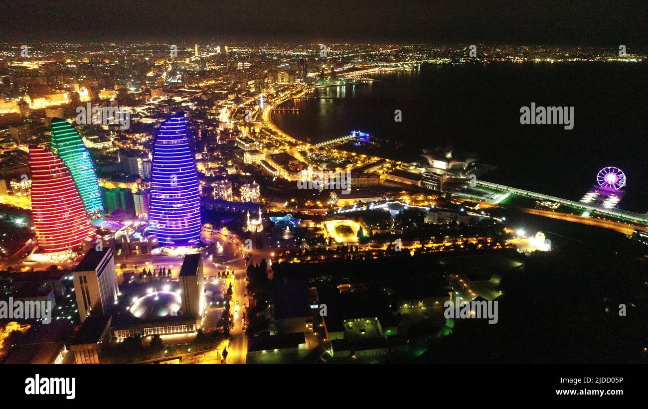 Night view of the City of Baku Flame Towers with colorful lights ...