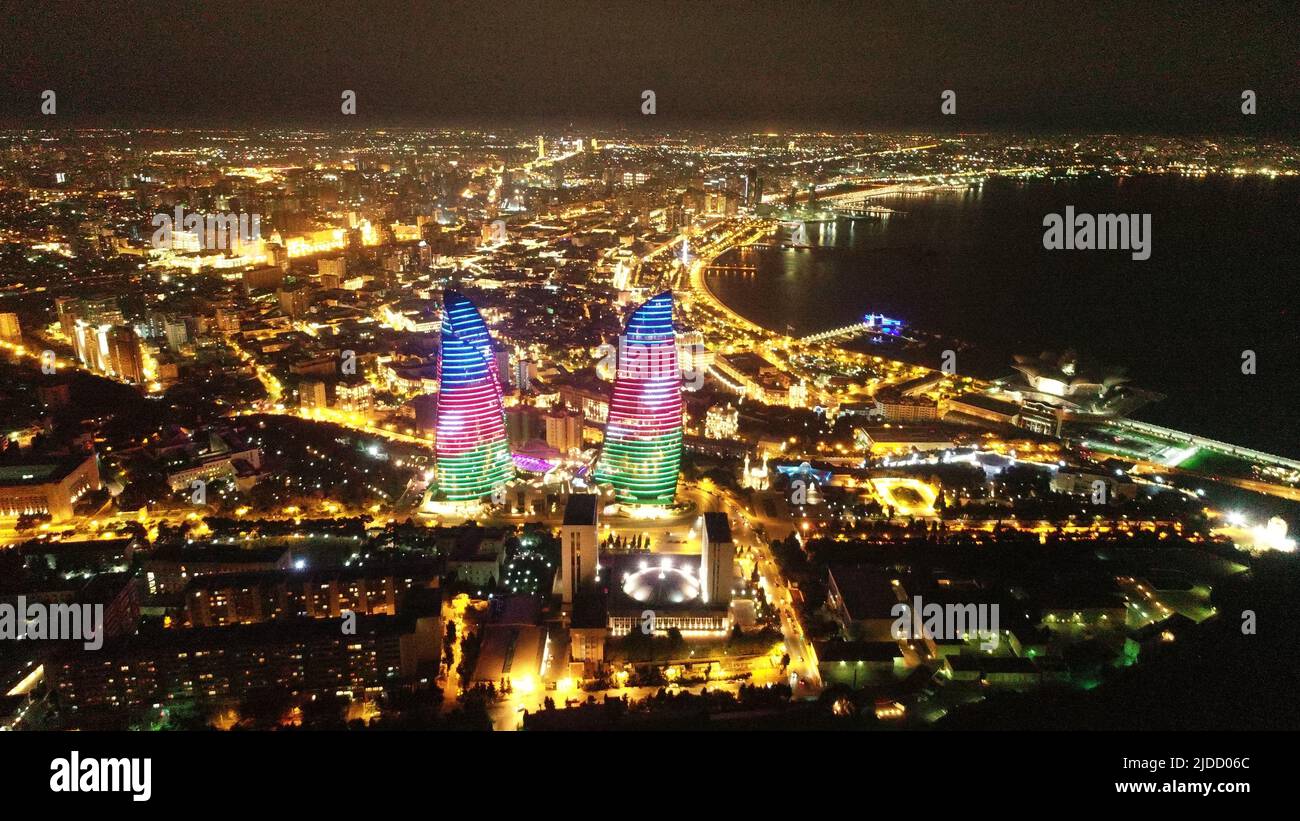 Night view of the City of Baku Flame Towers with colorful lights ...