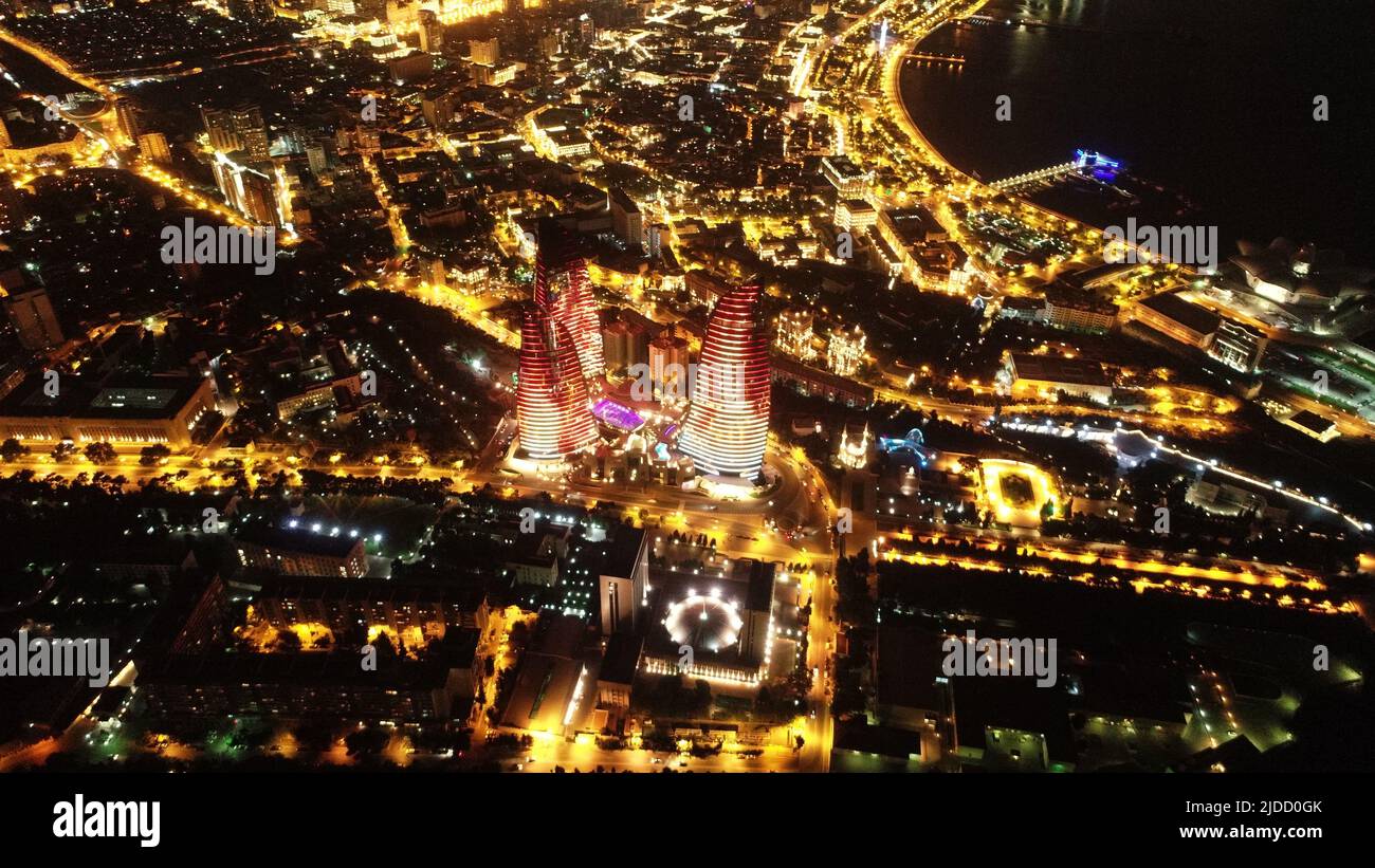 Night view of the City of Baku Flame Towers with colorful lights ...
