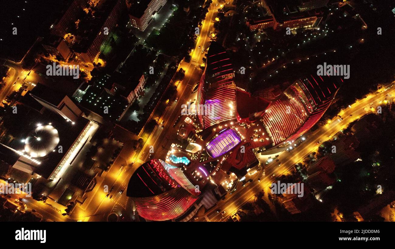 Night view of the City of Baku Flame Towers with colorful lights ...