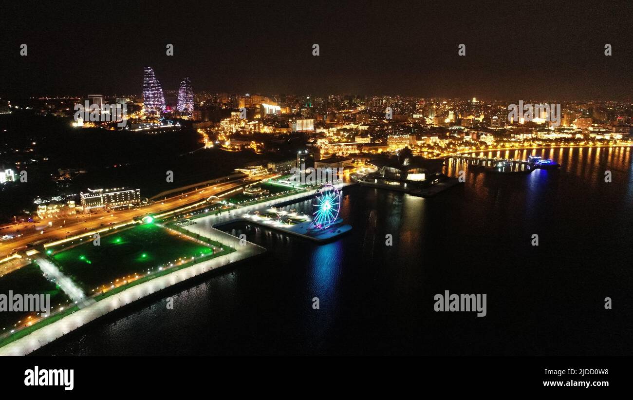 Night view of the City of Baku Boulevard with Flame Towers in ...