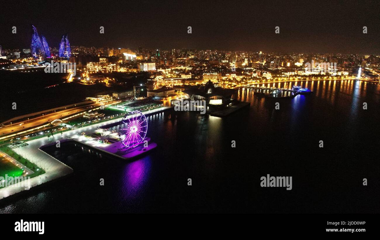Night view of the City of Baku Boulevard with Flame Towers in ...