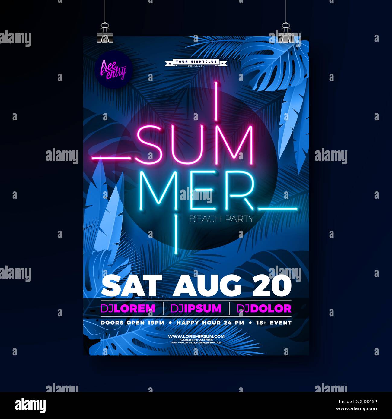 Summer Party Flyer Design Template with Glowing Neon Light Lettering on ...