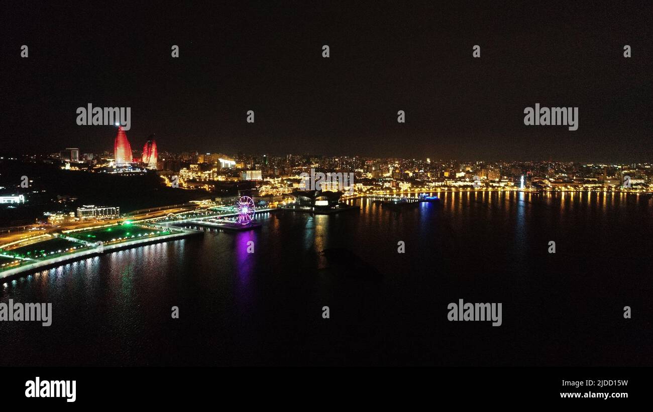 Night view of the City of Baku Boulevard with Flame Towers in ...