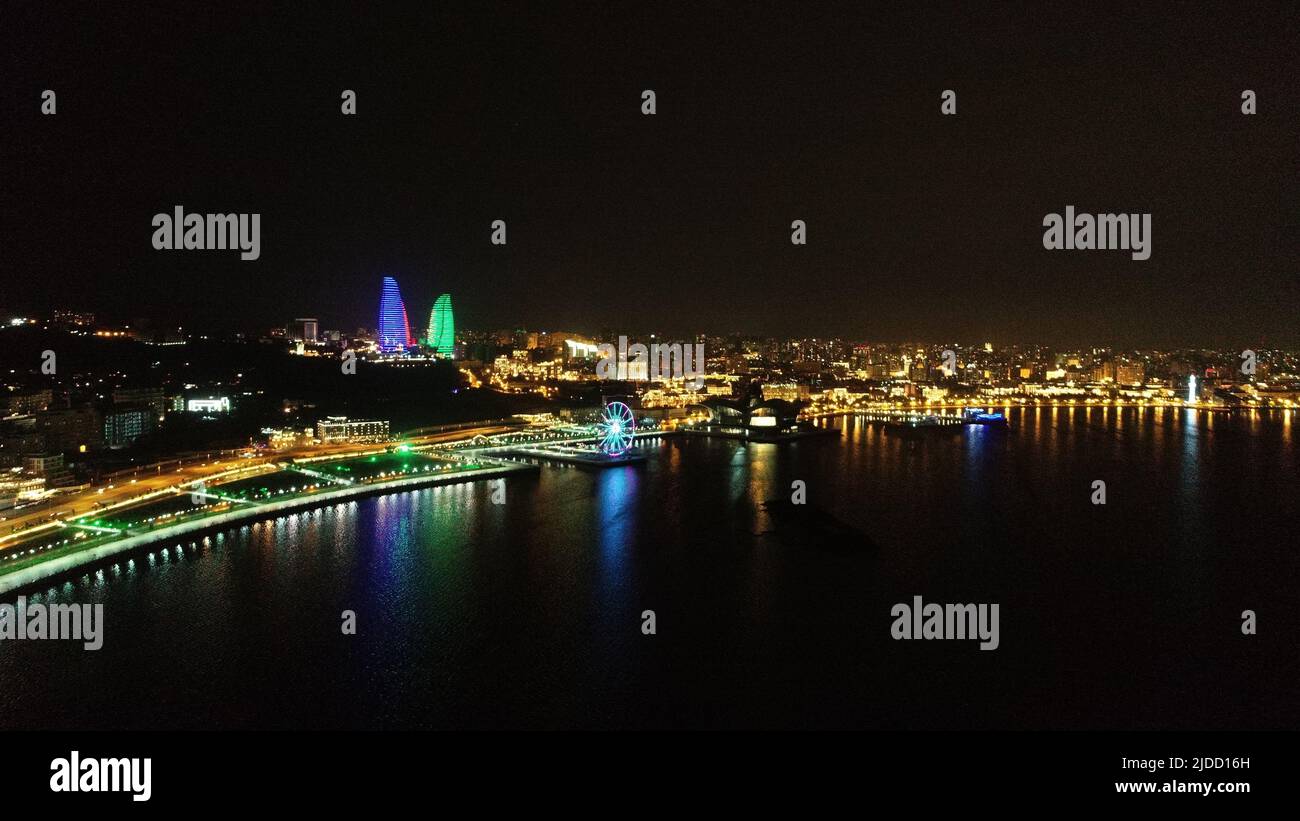 Night view of the City of Baku Boulevard with Flame Towers in ...