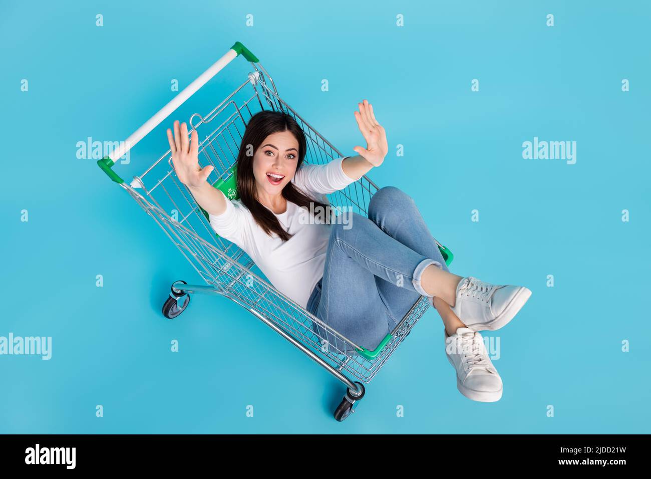Top view photo of impressed adorable lady dressed white shirt driving ...
