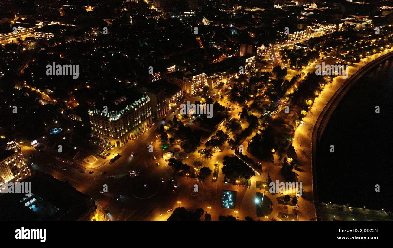 Night view of the City of Baku Boulevard with yellow lights, skyline ...