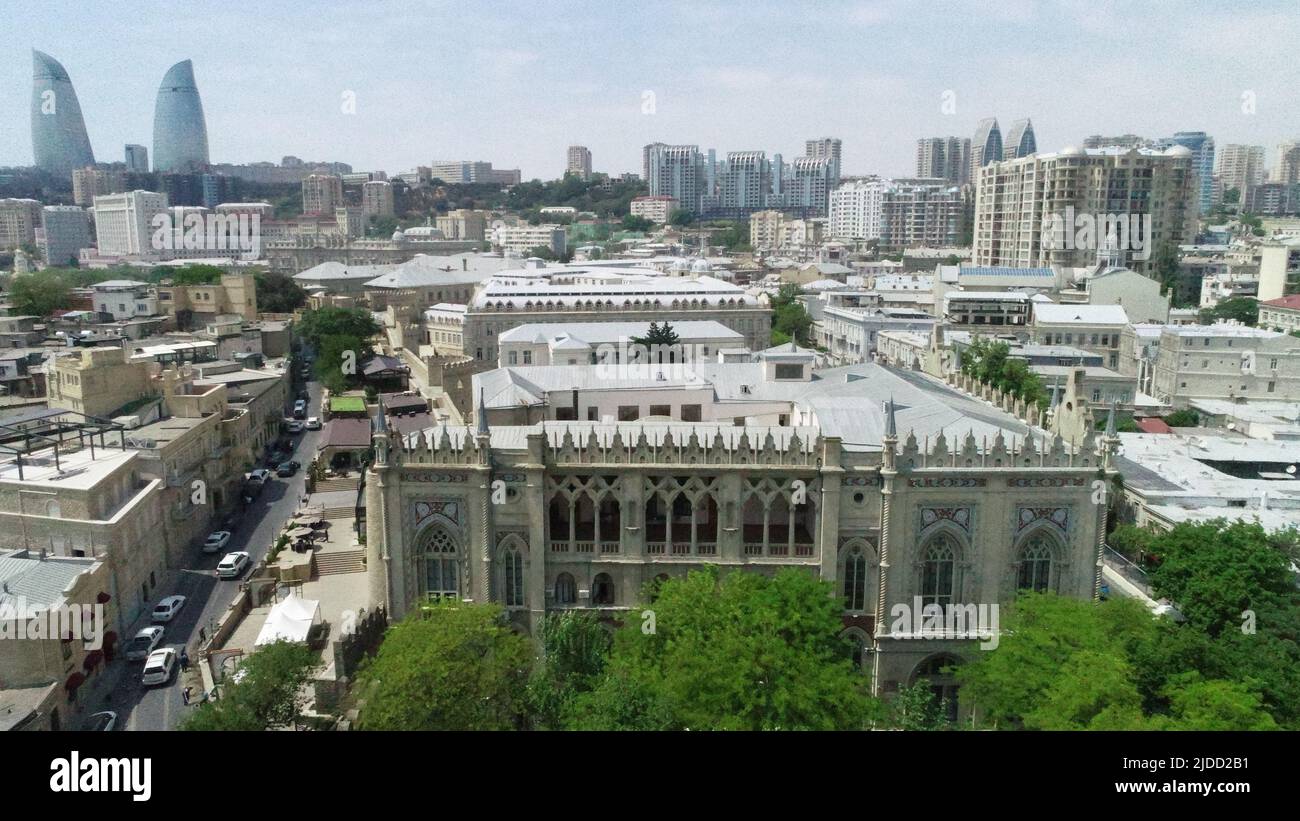 Ismailiyya Palace, City of Baku, skyline drone aerial top view ...