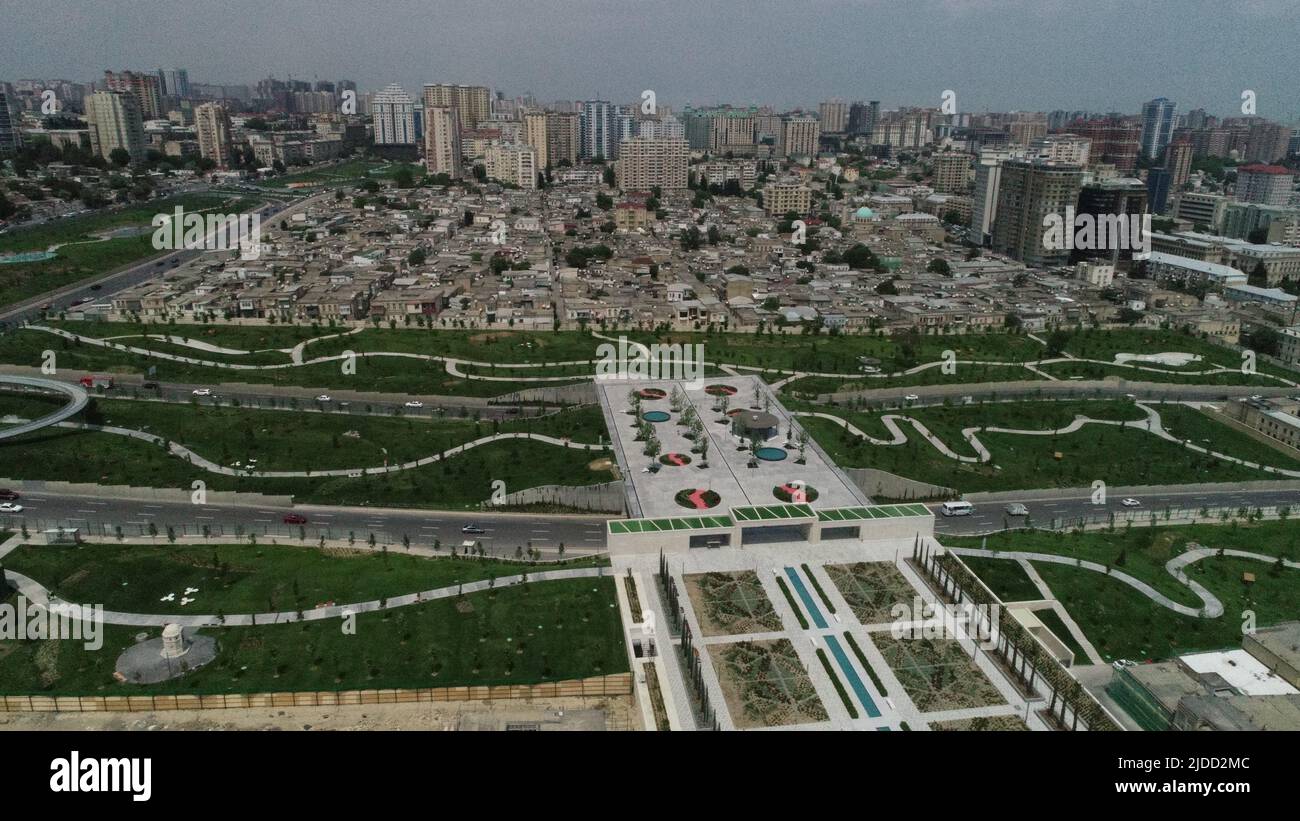 Heydar Aliyev Ave, City of Baku, skyline drone aerial top view ...
