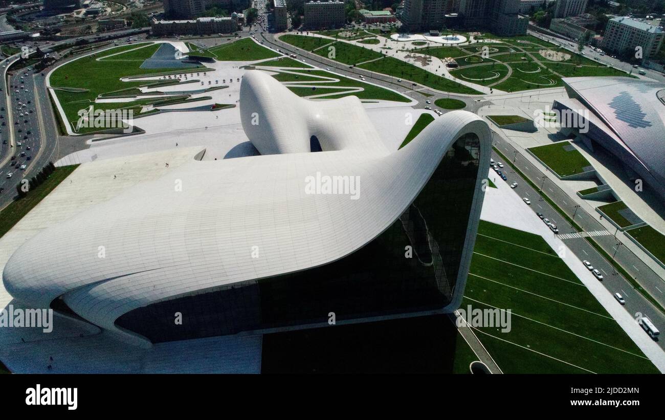 Heydar Aliyev Centre, City of Baku, skyline drone aerial top view ...