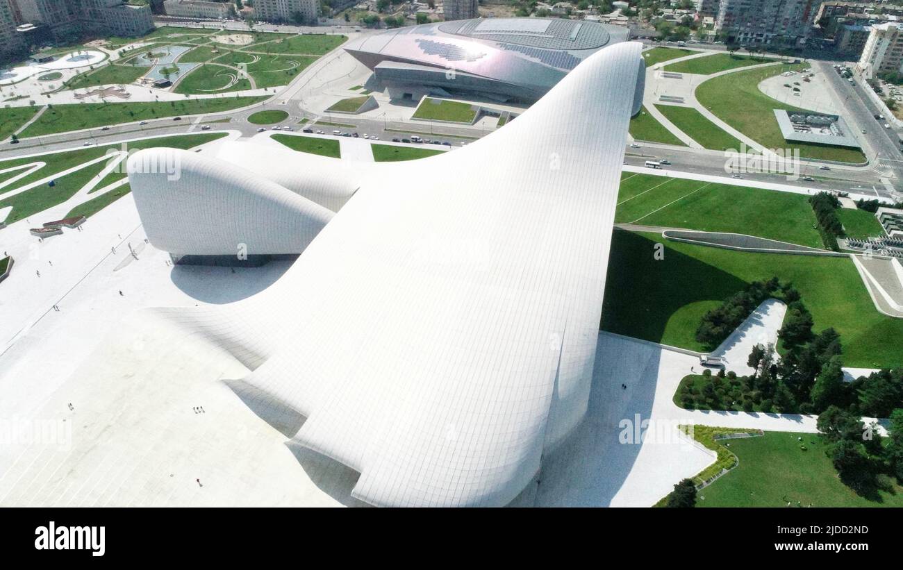 Heydar Aliyev Centre, City of Baku, skyline drone aerial top view ...