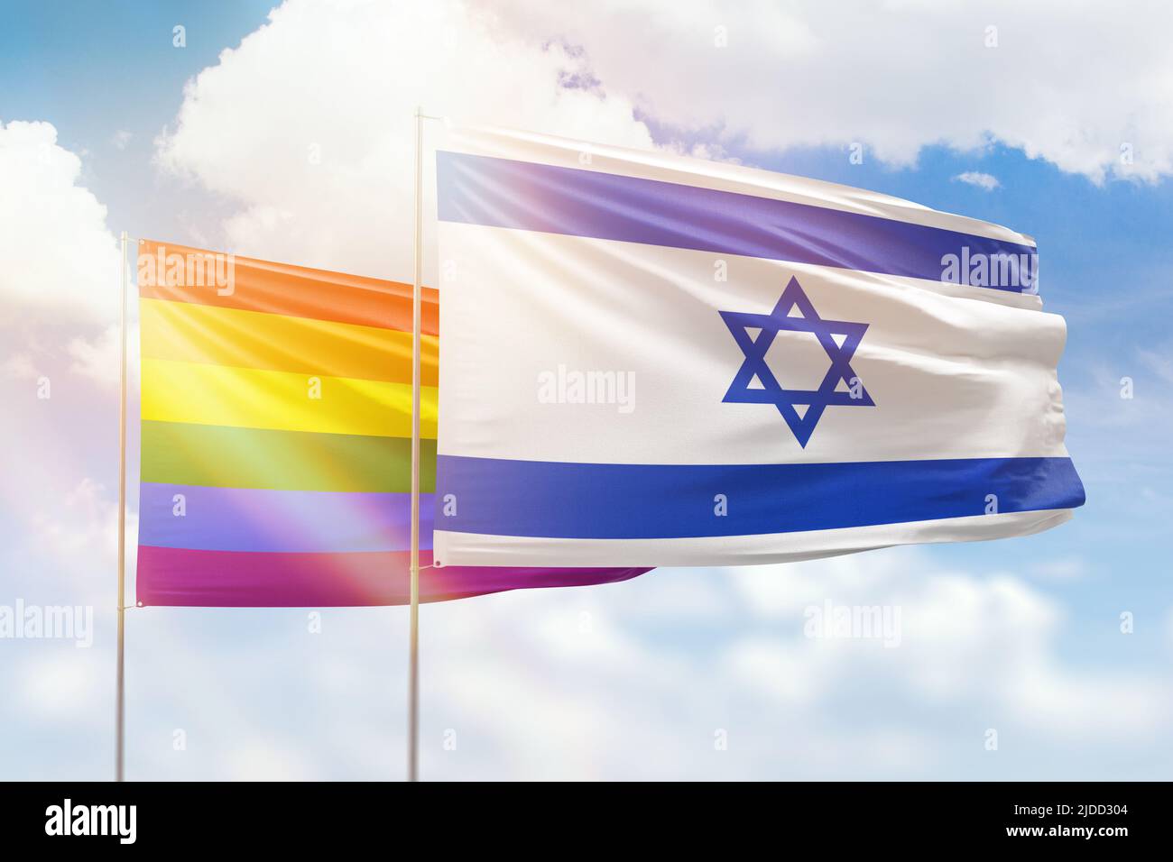 Sunny blue sky and flags of lgbt and israel Stock Photo - Alamy