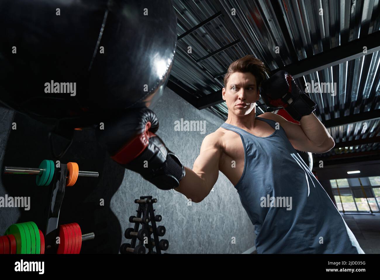 Strong muscular guy working out at gym Stock Photo - Alamy