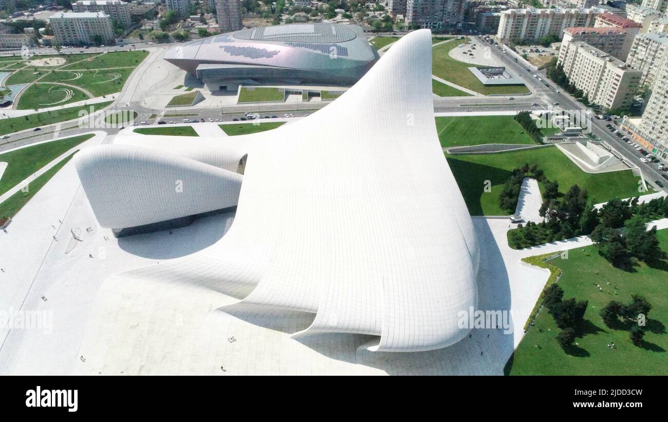 Heydar Aliyev Centre, City of Baku, skyline drone aerial top view ...