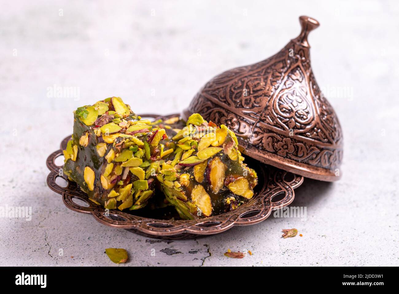 Turkish Delight with Pistachio on a stone background. Traditional ...