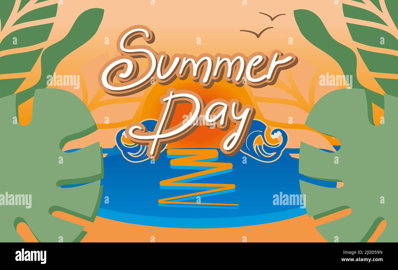 inscription sunny day on the background of sunset and tropical leaves ...