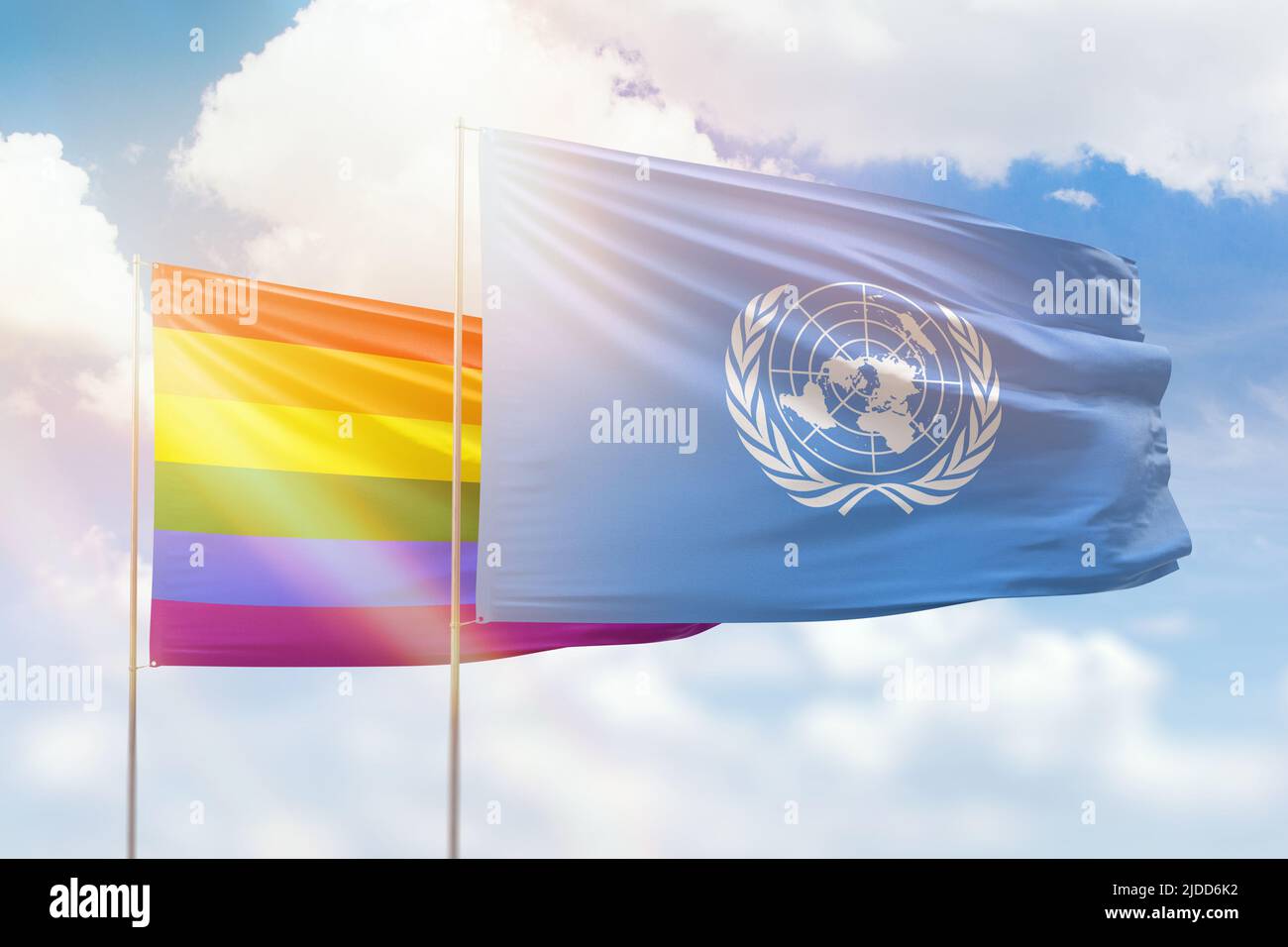 Sunny blue sky and flags of lgbt and united nations Stock Photo - Alamy