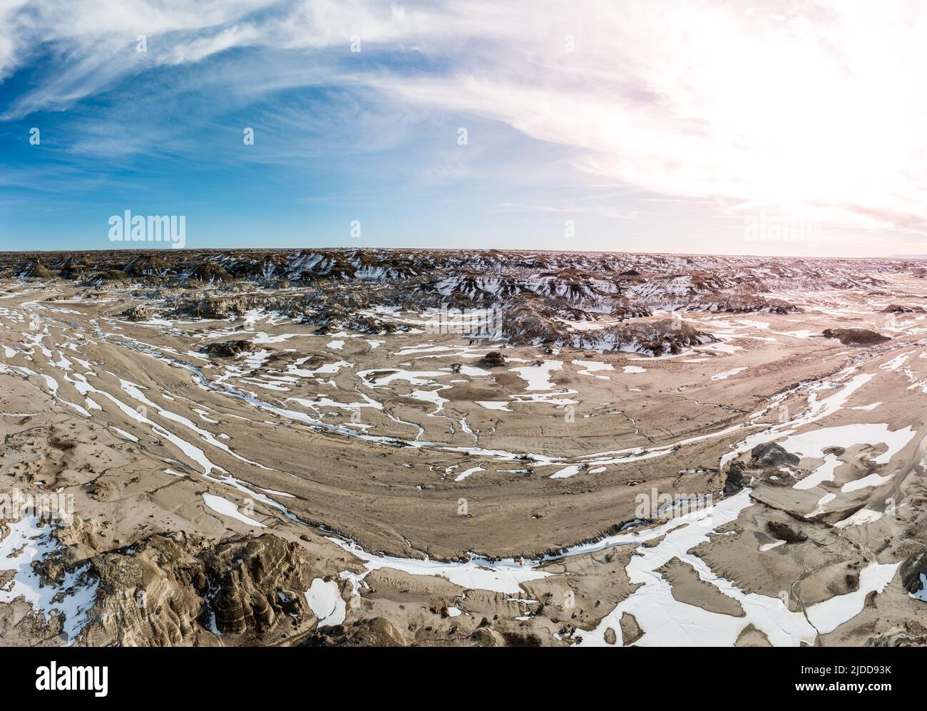 Aerial panoramic view of Bisti De-Na-Zin Wilderness area in New Mexico ...