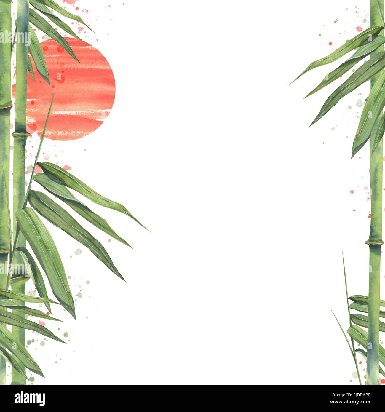 An oriental-style frame made of stems, bamboo leaves and with a red ...